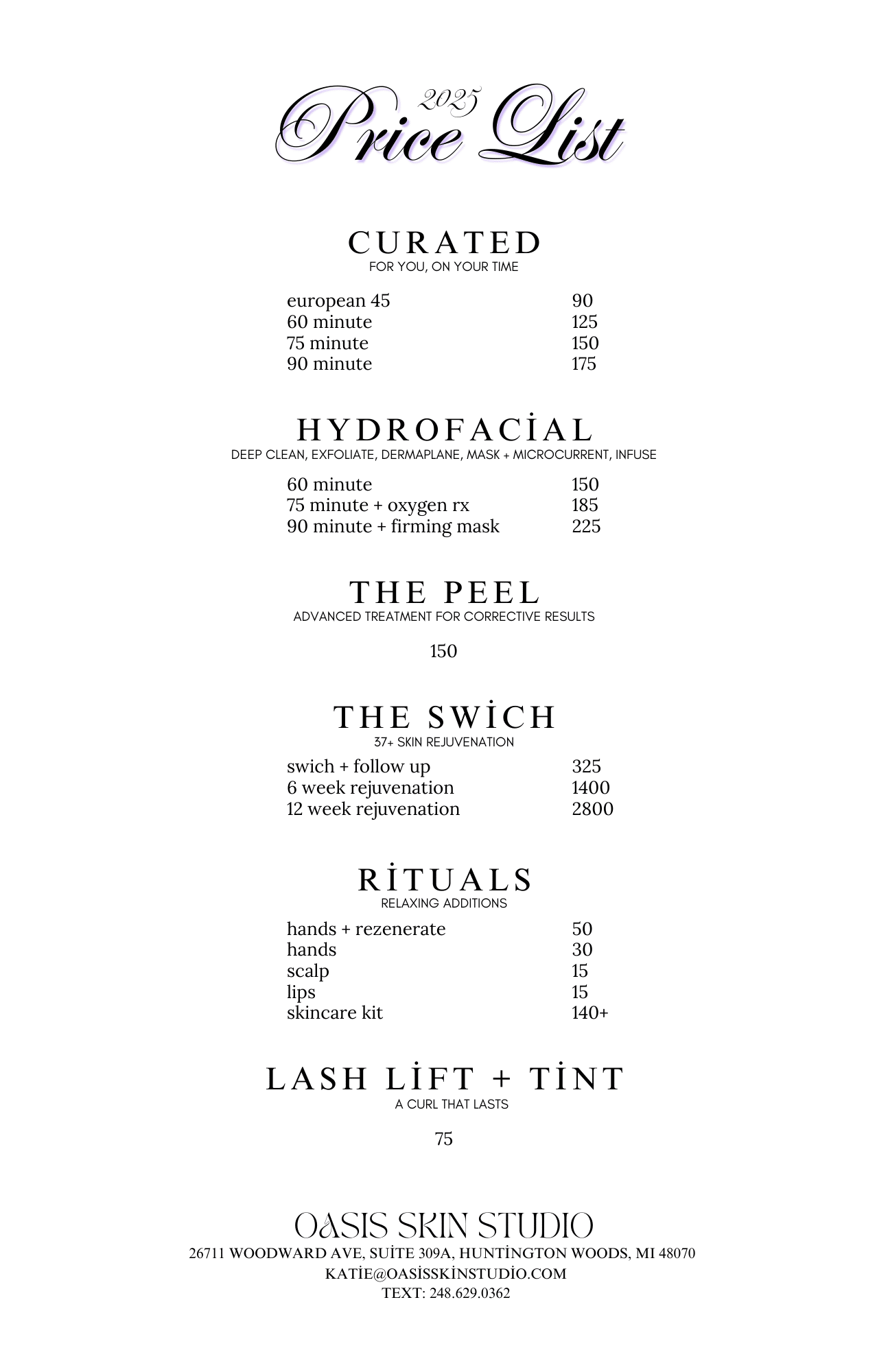 ⋆ 2025 Pricing List ⋆ Oasis Skin Studio ⋆